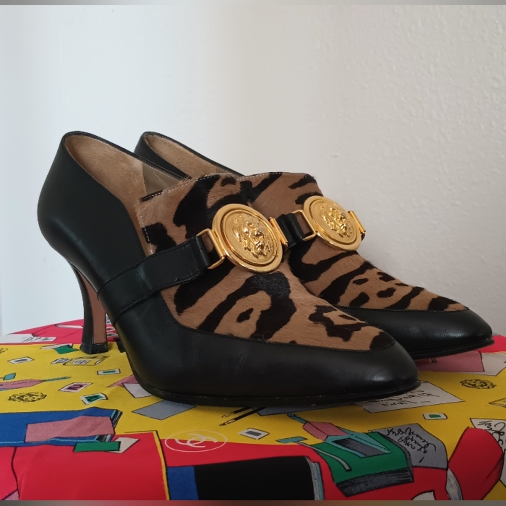 Vintage Versace Lion Head Pony Hair Leather Heels - Gem